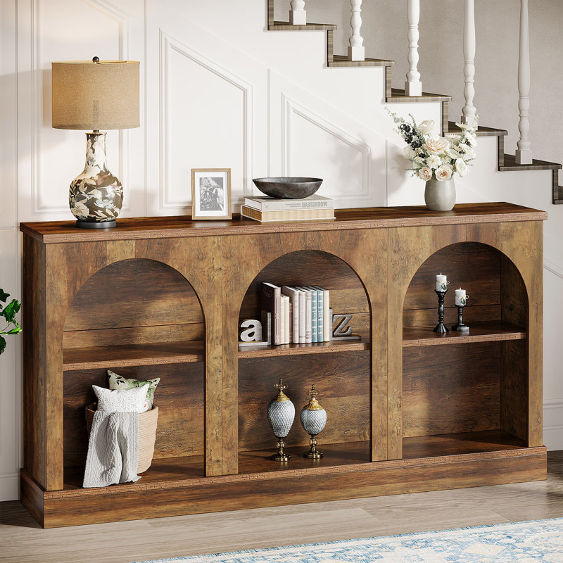 63 Inch Long Farmhouse Wooden Rectangular Entryway Console 3 Tier Storage Sofa Table Behind Couch Gracie Oaks
